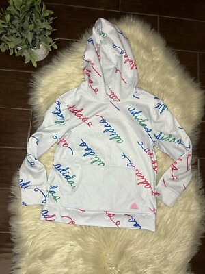 Adidas white multi colored signature hoodie sz large (14) | eBay