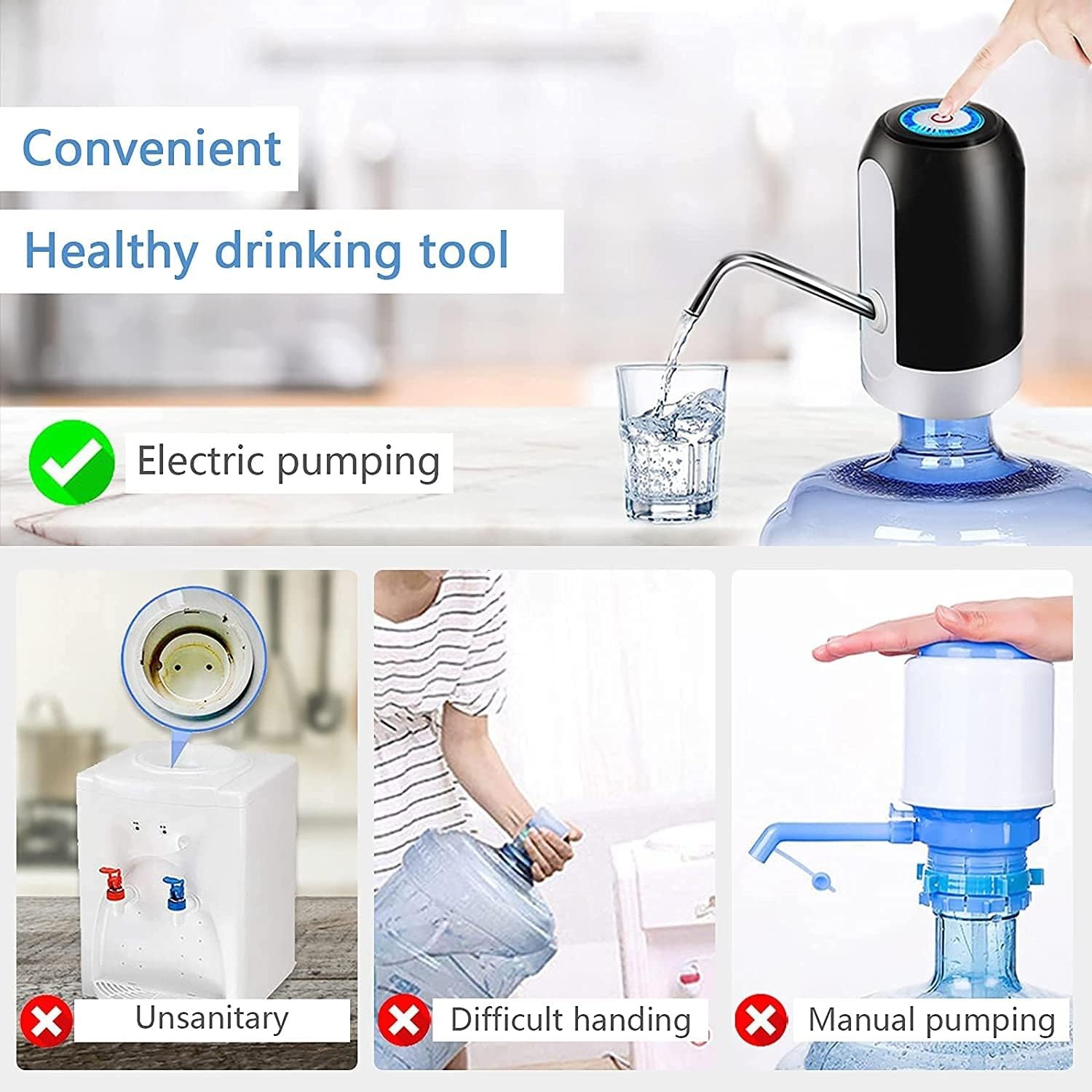 VASLON Electric Water Bottle Pump USB Rechargeable Portable Dispenser ...