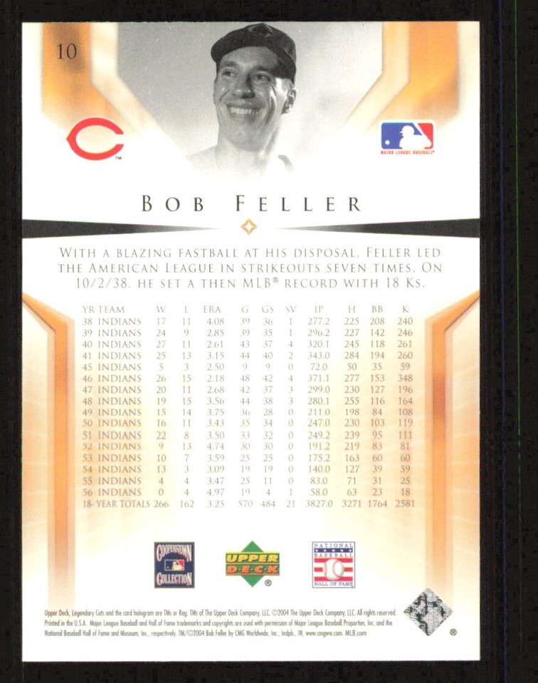 2004 SP Legendary Cuts BOB FELLER Base Baseball card CLEVELAND INDIANS ...