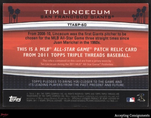 2011 Topps Triple Threads #TTASP60 Tim Lincecum ALL-STAR PATCH JERSEY 1 ...