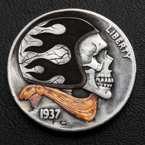 original hobo nickel " Ghost rider " skull biker chopper motorbike coin ...