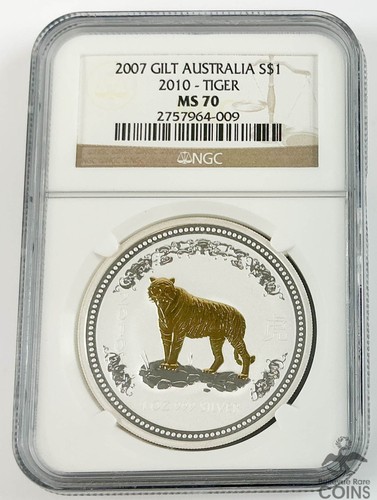 2007 Australia $1 Lunar Series TIGER .999 Fine Silver 1oz Gilt Coin NGC ...