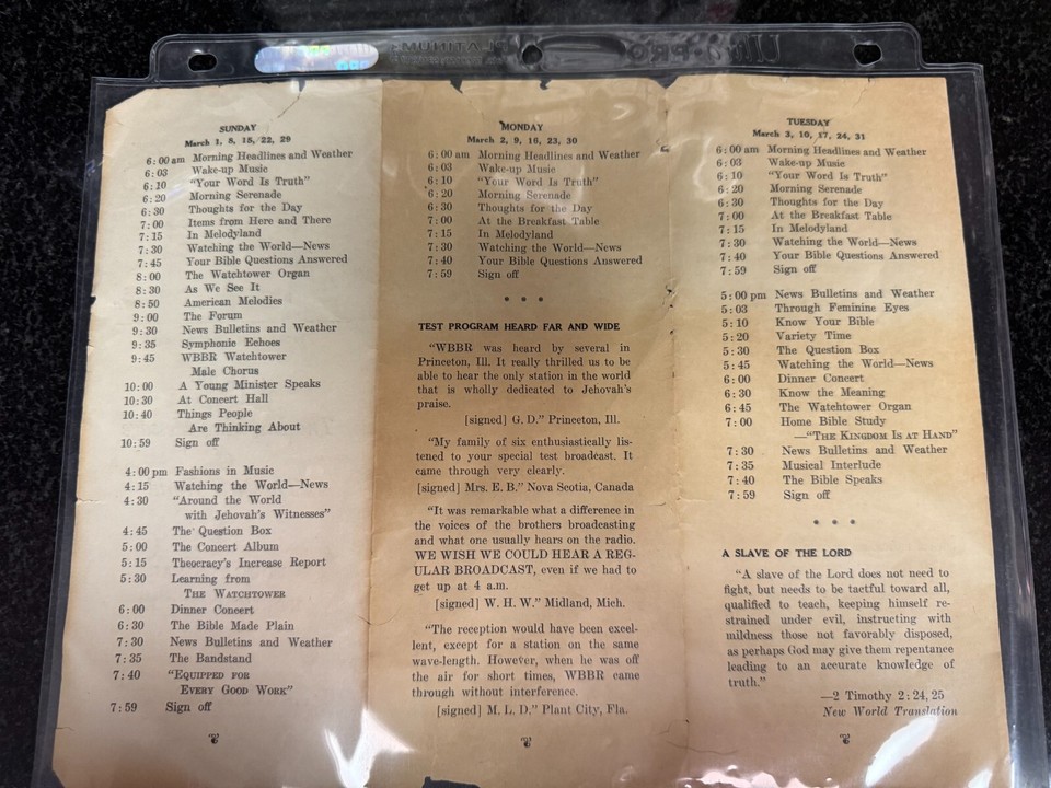 WATCHTOWER WBBR WATCHTOWER RADIO SCHEDULE 1953 | eBay