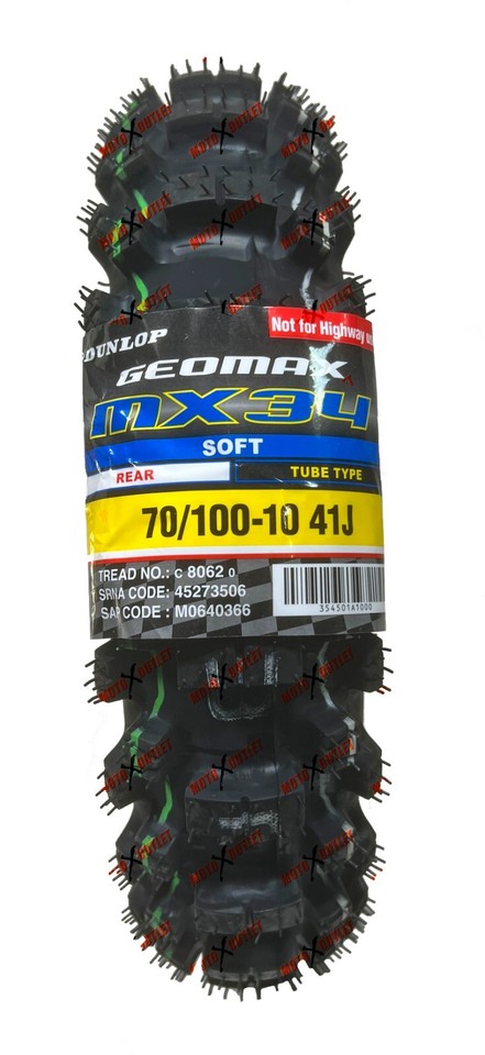 Dunlop 70/100-10 MX34 Rear Tire Dirt Bike 2.75-10 CFR50 SX50 Mini PW50 ...