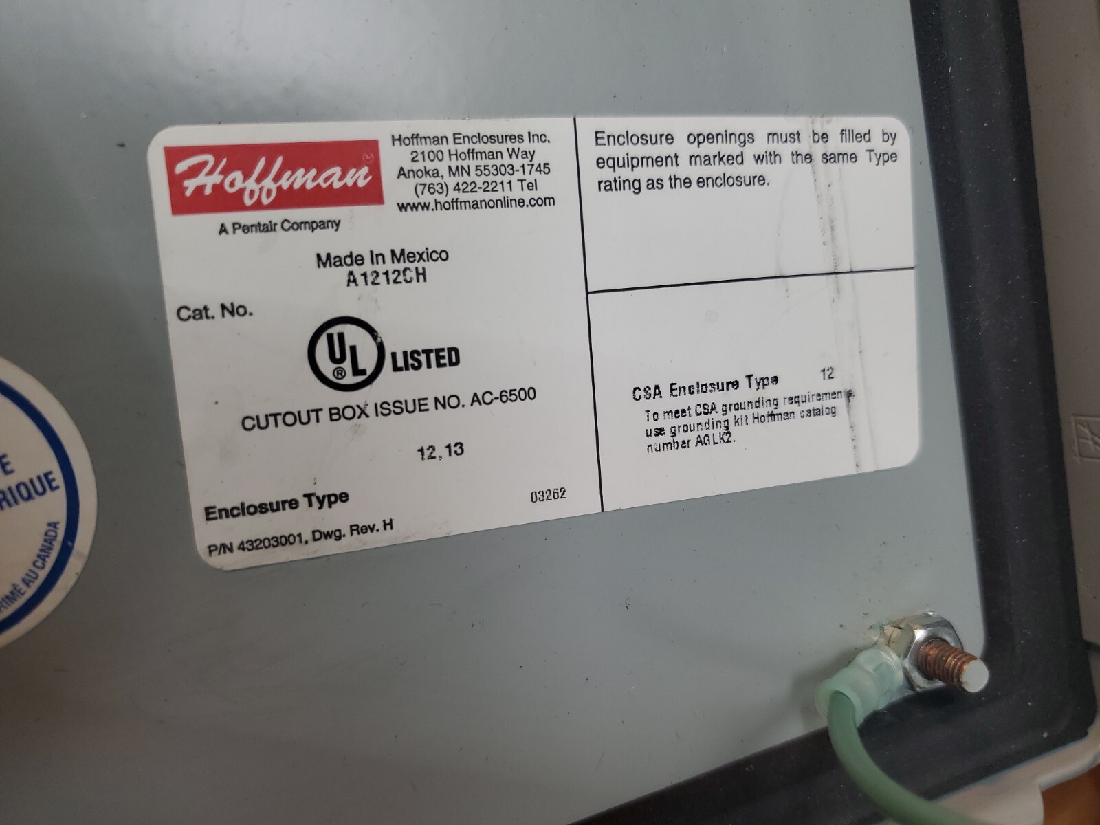 HOFFMAN A1212CH INDUSTRIAL CONTROL PANNEL ENCLOSURE 12X12X6 with ...