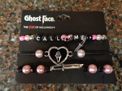 Scream Ghost Face Pink Faux Pearl Bead Charm Rhinestone Heart Bracelet ...
