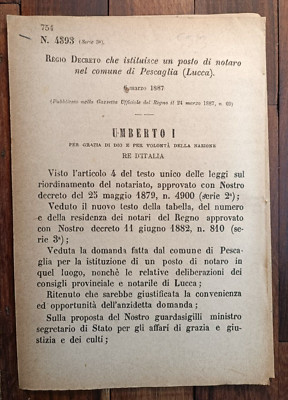 Pescaglia 1887 Royal Decree Establishing A Notary Position - 2 Pages ...
