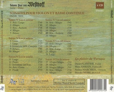 DAVID PLANTIER WESTHOFF: SONATES POUR VIOLON & BASSE CONTINUE NEW CD ...