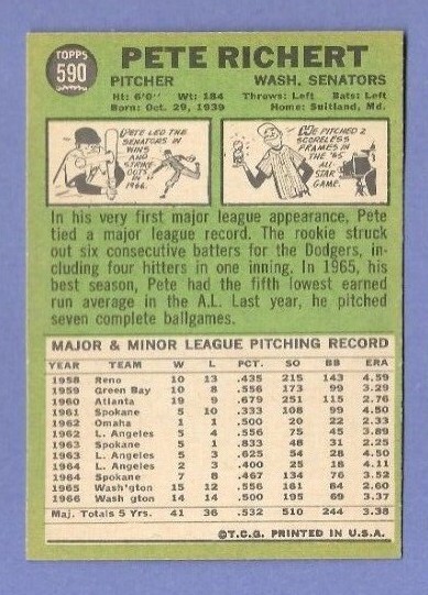1967 Topps High Number - Pete Richert (#590) Senators | eBay