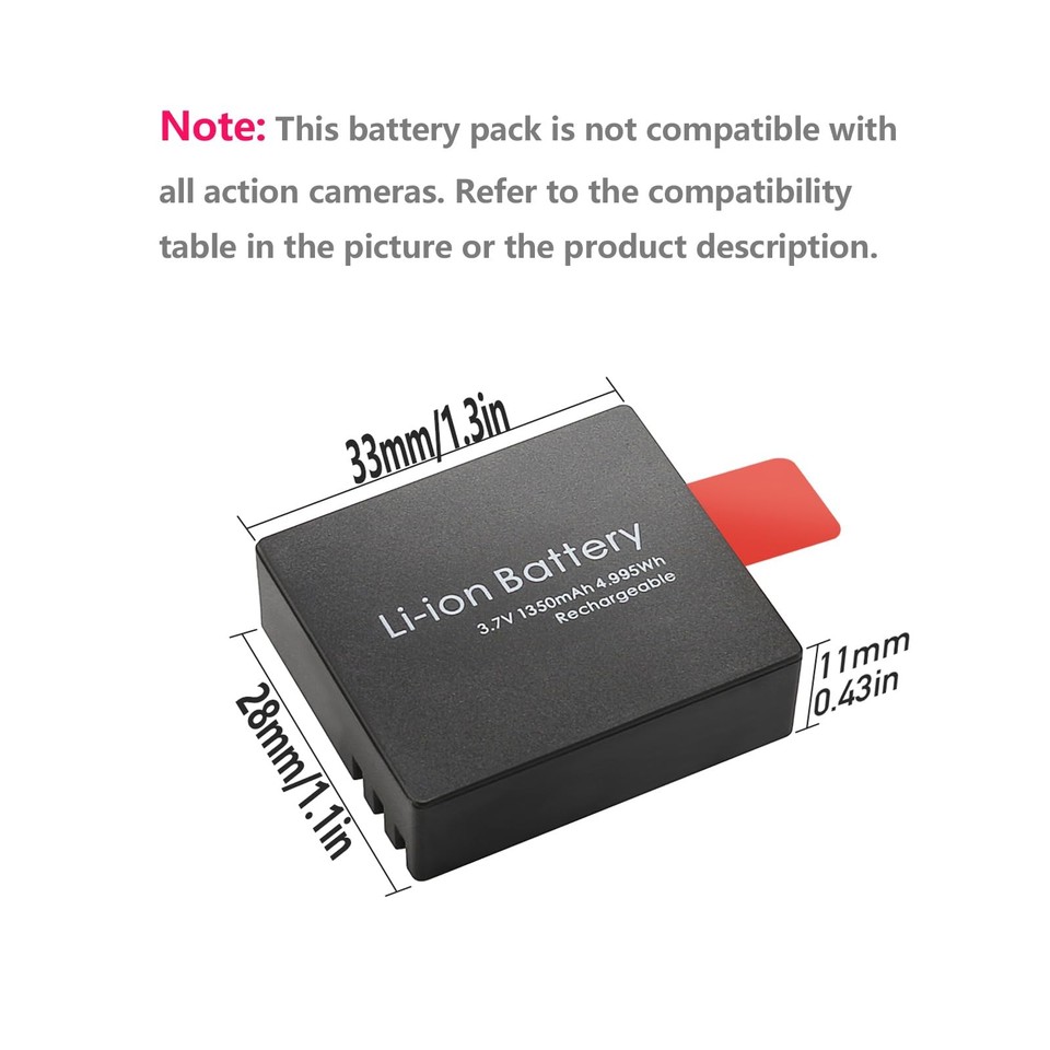 Action Camera Battery Pack, 1350mAh Rechargeable Battery(3-Pack) with ...