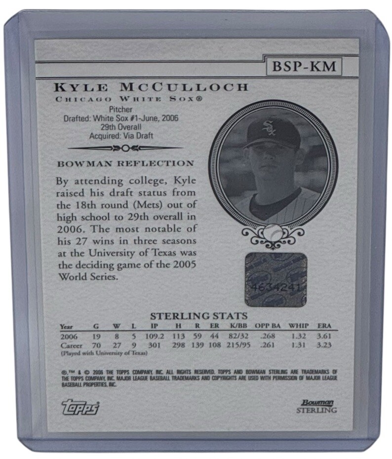 Kyle McCulloch 2006 Bowman Sterling Prospects Autograph Card White Sox ...