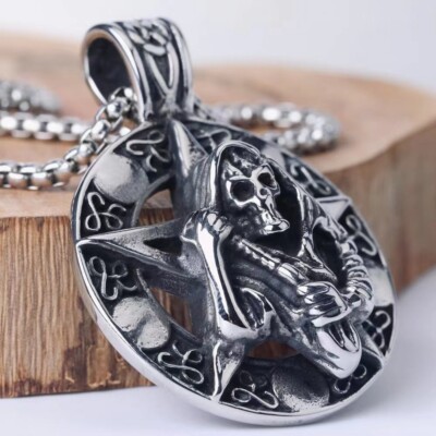 Men Skull Grim Reaper Death Scythe Pendant Necklace Punk Rock Jewelry ...
