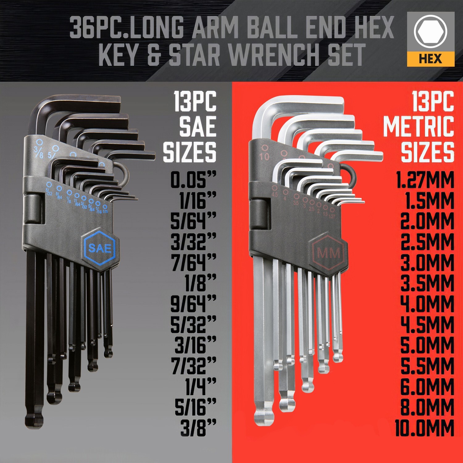 36PCS Hex Allen Wrenches Set Hex Key Set Torx Star Key Set SAE & Metric