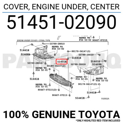 5145102090 Genuine Toyota COVER, ENGINE UNDER, CENTER 51451-02090 | eBay