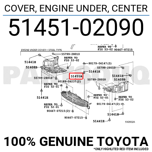 5145102090 Genuine Toyota COVER, ENGINE UNDER, CENTER 51451-02090 | eBay