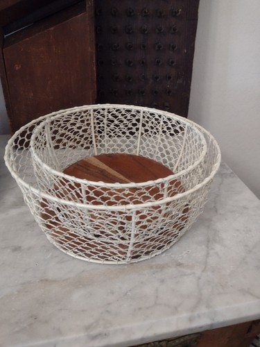 2 Pc. Set Nesting Wire Fruit Basket Coated Ivory Cream Color WOOD Base ...