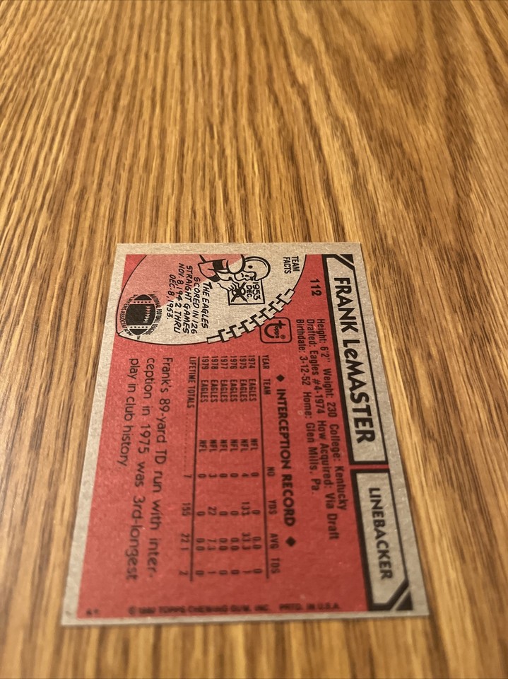 1980 Topps Frank LeMaster Philadelphia Eagles 112 Free Shipping | eBay