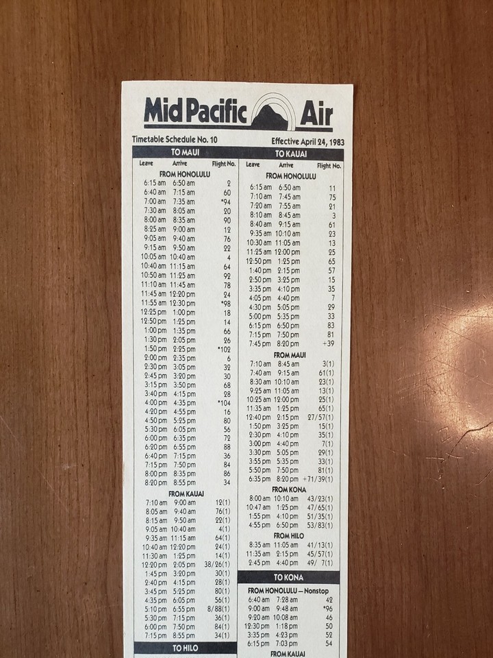 MID PACIFIC AIR AIRLINES - SYSTEM TIMETABLE - 24 APRIL 1983 | eBay