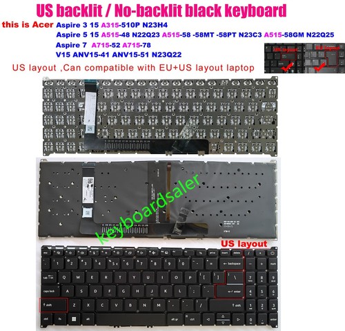 US Keyboard For Acer A315-510P N23H4 A715-78 N22Q23 A515-58 N23C3 ...