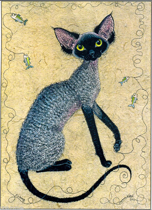 LARGE UNMOUNTED BLACK SMOKE DEVON REX CAT PAINTING PRINT BY SUZANNE LE ...