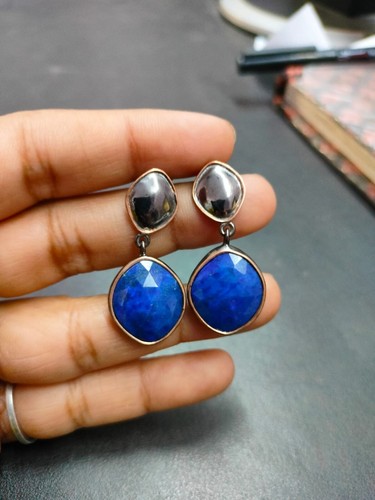 Real Lapis Lazuli Gemstone Dangle Earrings 925 Silver Rose Gold Plated ...