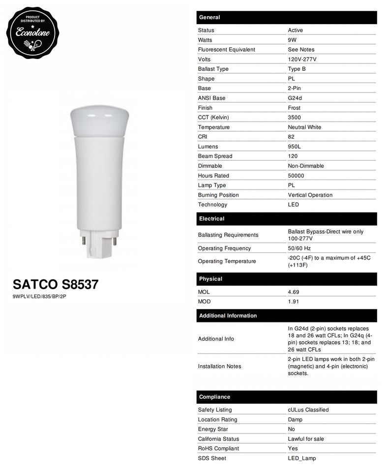 Satco S8537 LED 9W 18W 26W CFL PL 2-Pin G24d Base 3500K Neutral White ...