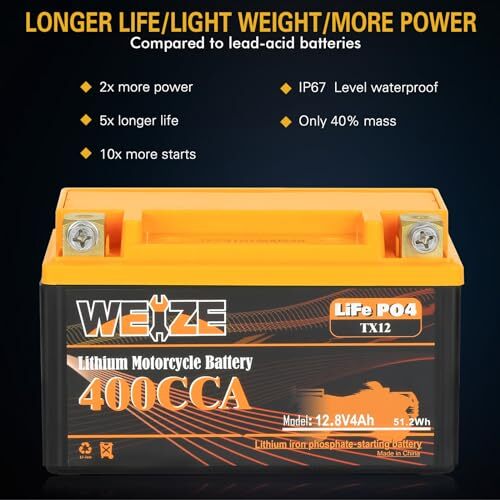 400A LiFePO4 Motorcycle Battery YTX12, 12V 4AH YTX7 ATV, UTV, Lithium ...