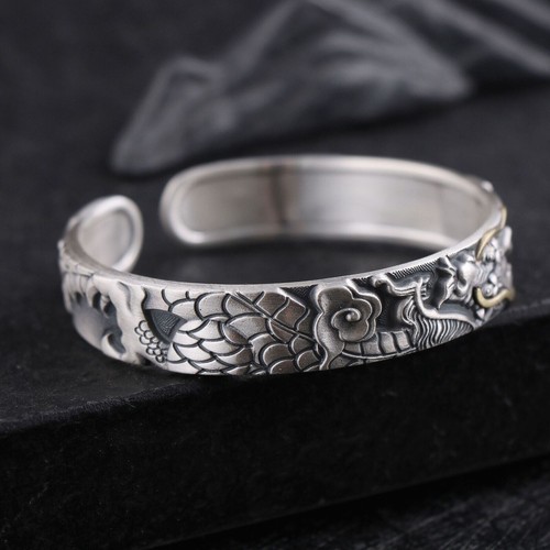 Pure S999 Sterling Silver Vintage Dragon Mens Bracelet Bangle OPEN-CUFF ...