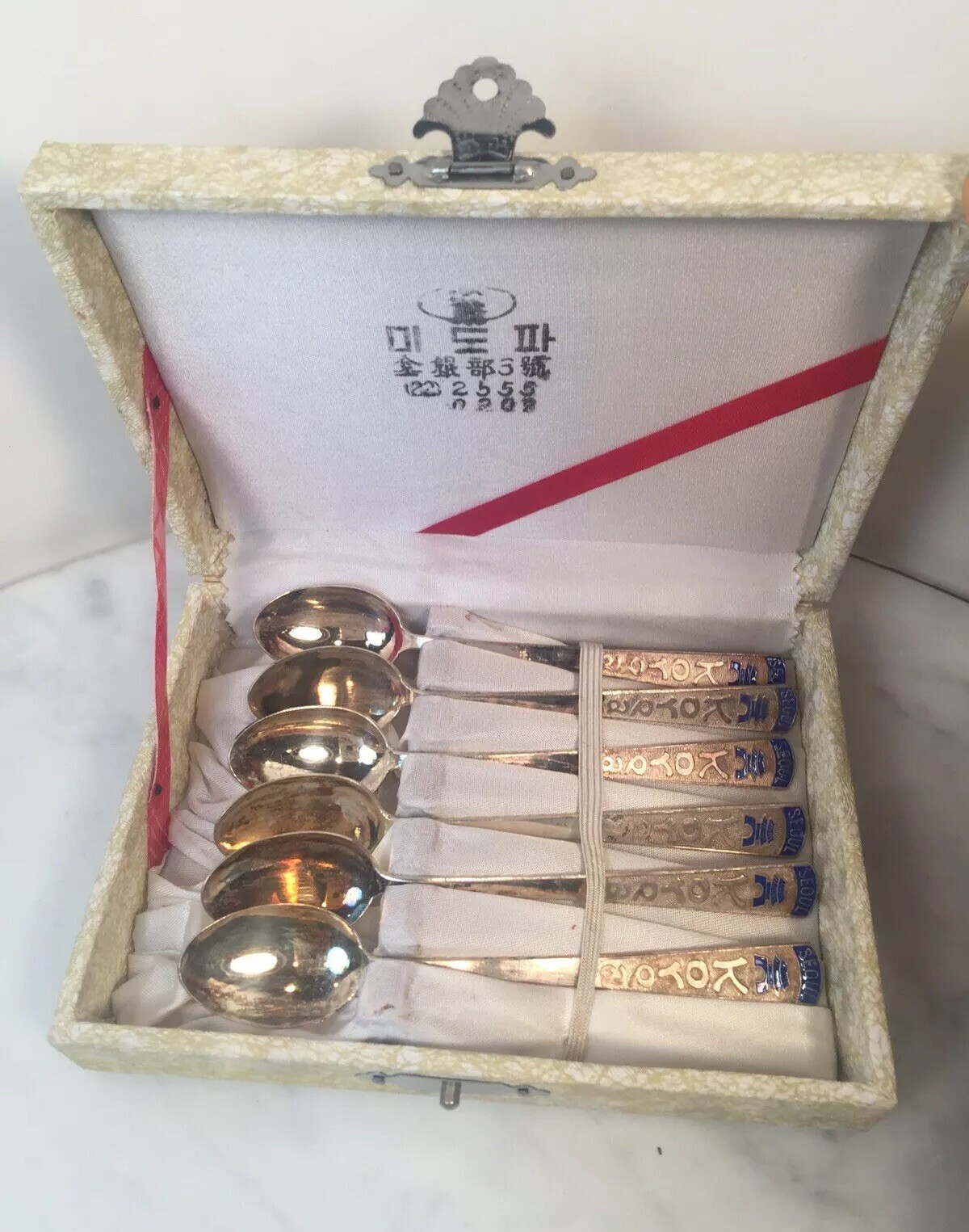 Vintage Six KOREAN SEOUL 70%Sterling Silver Enamel Tea Spoons Set With ...