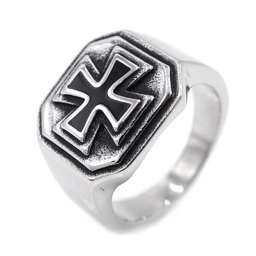 Black Enamel Iron Cross Square Signet Ring Stainless Steel Vintage ...