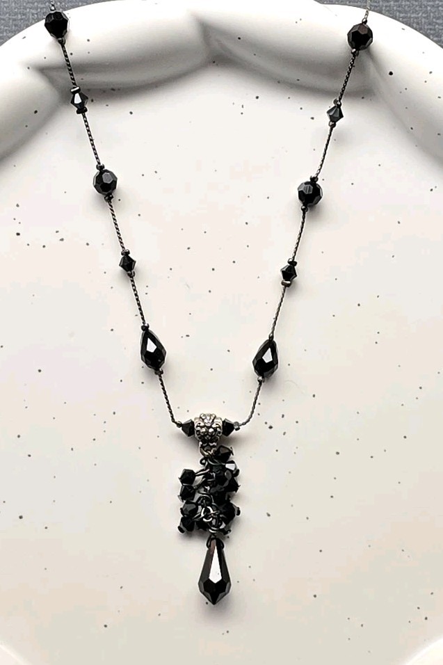 Vtg Dabby Reid Signed Glass Beaded Necklace Black cluster Drop Bead ...