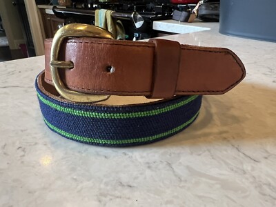 Unisex Needlepoint Wool & Leather Belt Mono Navy Blue Green Striped 32/ ...
