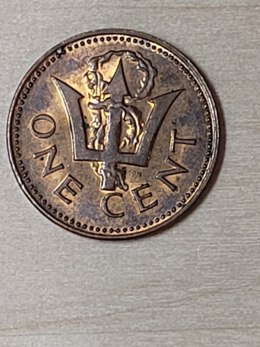 Barbados 1 cent coin, 1973. KM# 10, bronze. Trident, coat of arms ...