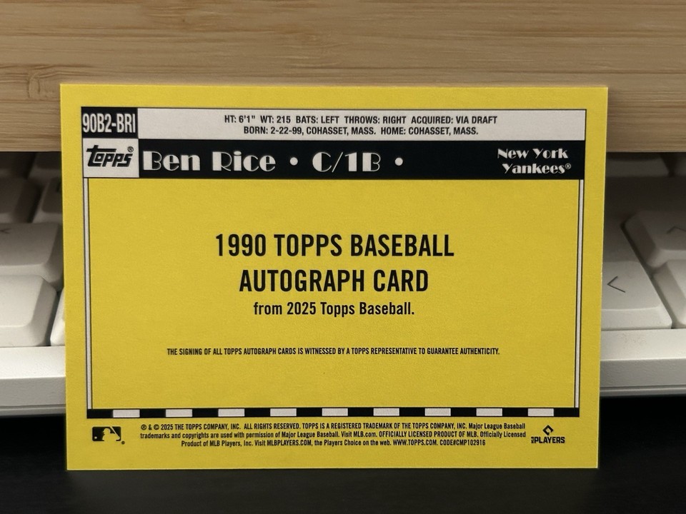 Ben Rice 2025 Topps 35th Anniversary 1990 Autograph #90B2-BRI RC AUTO ...