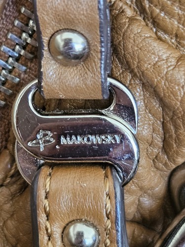 B. Makowsky Brown Leather Shoulder Bag Leopard Print Lining Zipper 11" T 13" L | eBay