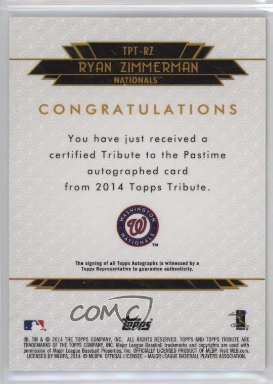 2014 Topps Tribute to the Pastime Auto Blue /50 Ryan Zimmerman #TPT-RZ ...