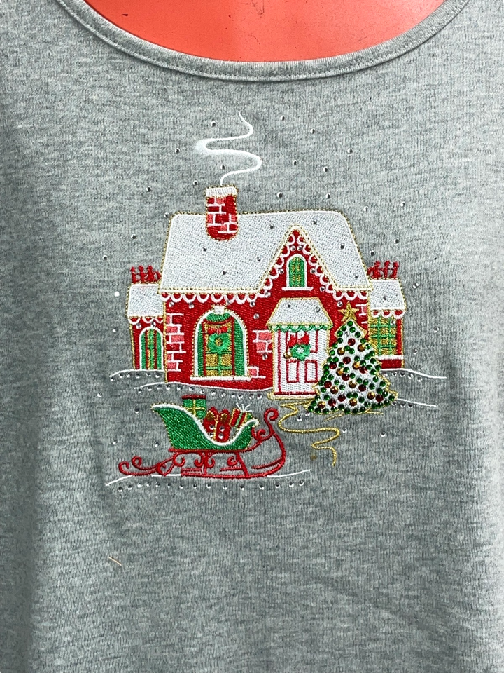 QUACKER FACTORY Christmas cottage embroidery sequin shirt top L | eBay