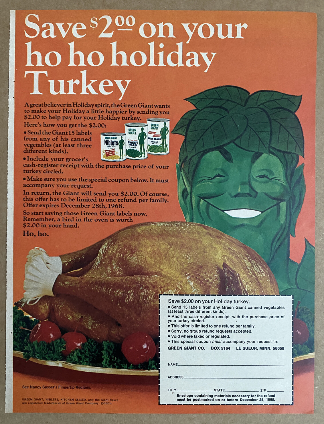 1968 Green Giant Print Ad Ho Ho Holiday Turkey Coupon | eBay