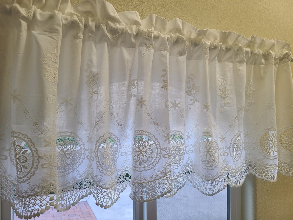 Beautiful White Embroidered Kitchen Half Curtain White Sheer Rod Pocket ...