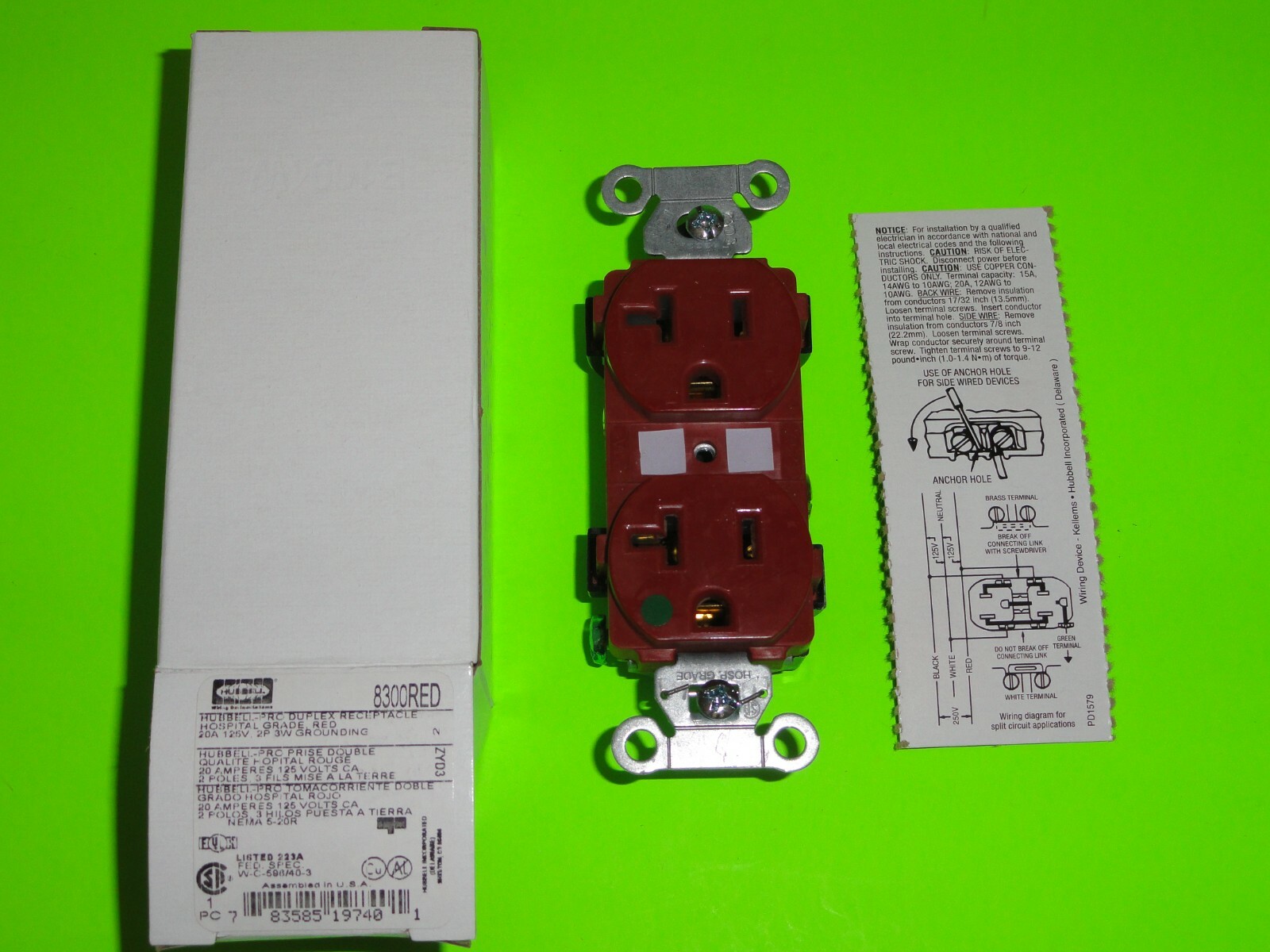 (6qty) HUBBELL 8300RED RED Duplex Receptacle 20A 125V 5-20R Hospital ...