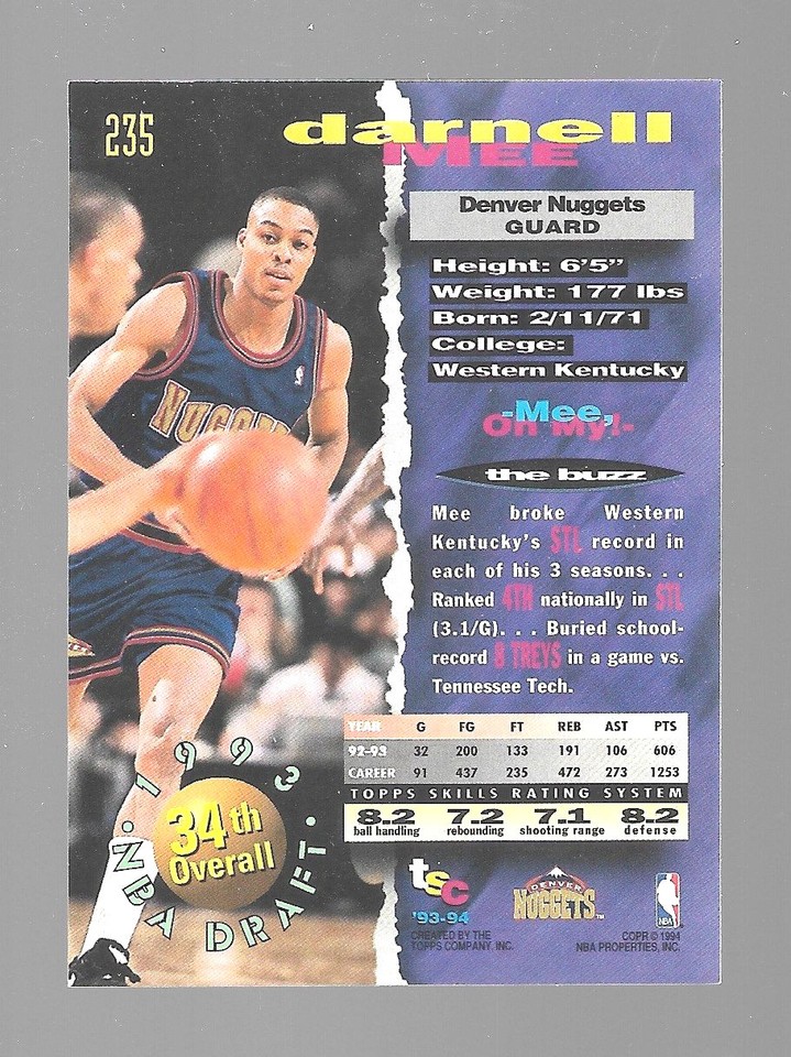 1993-94 Stadium Club Draft Pick Darnell Mee 235 Denver Nuggets Rookie ...