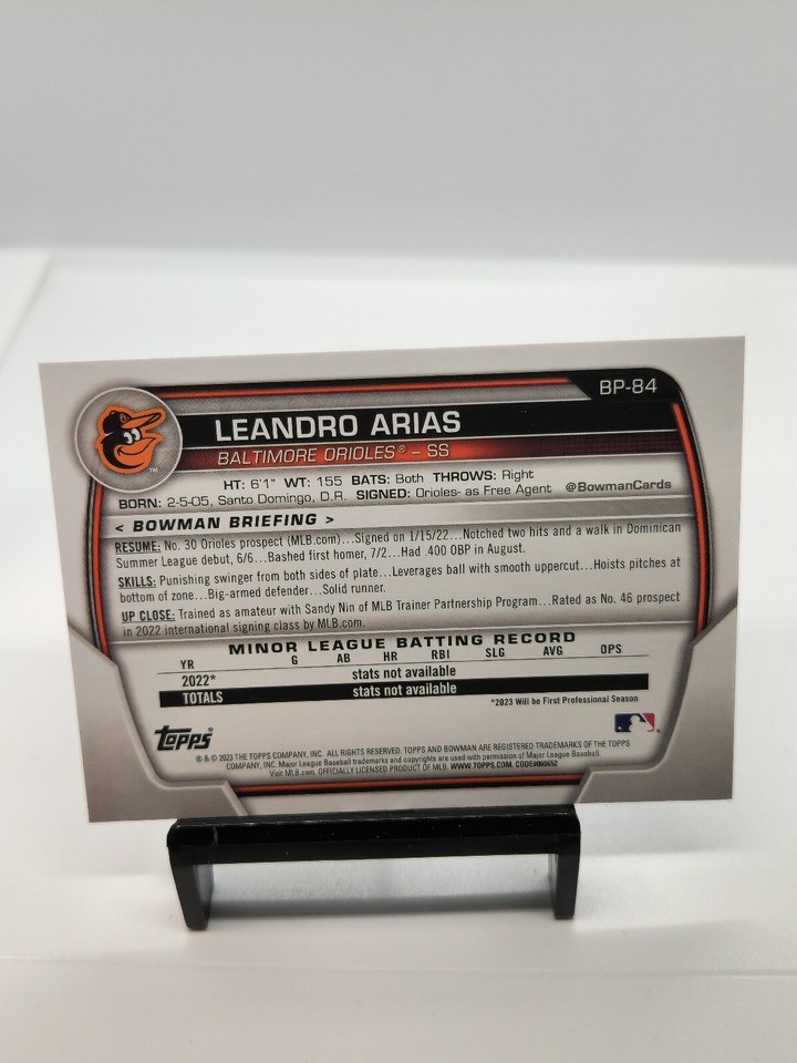 2023 Bowman Prospects Leandro Arias 1st Bowman Baltimore Orioles #BP-84 ...