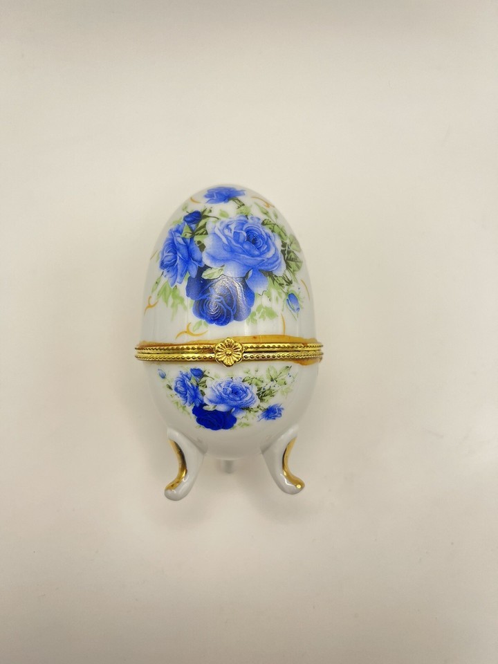VTG Blue Floral Ceramic Egg Shaped Trinket Box Gold Trim Footed Hinged 4" T | eBay
