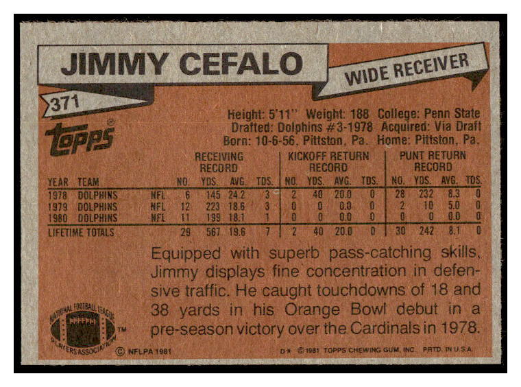 1981 Topps #371 Jimmy Cefalo Miami Dolphins Excellent | eBay