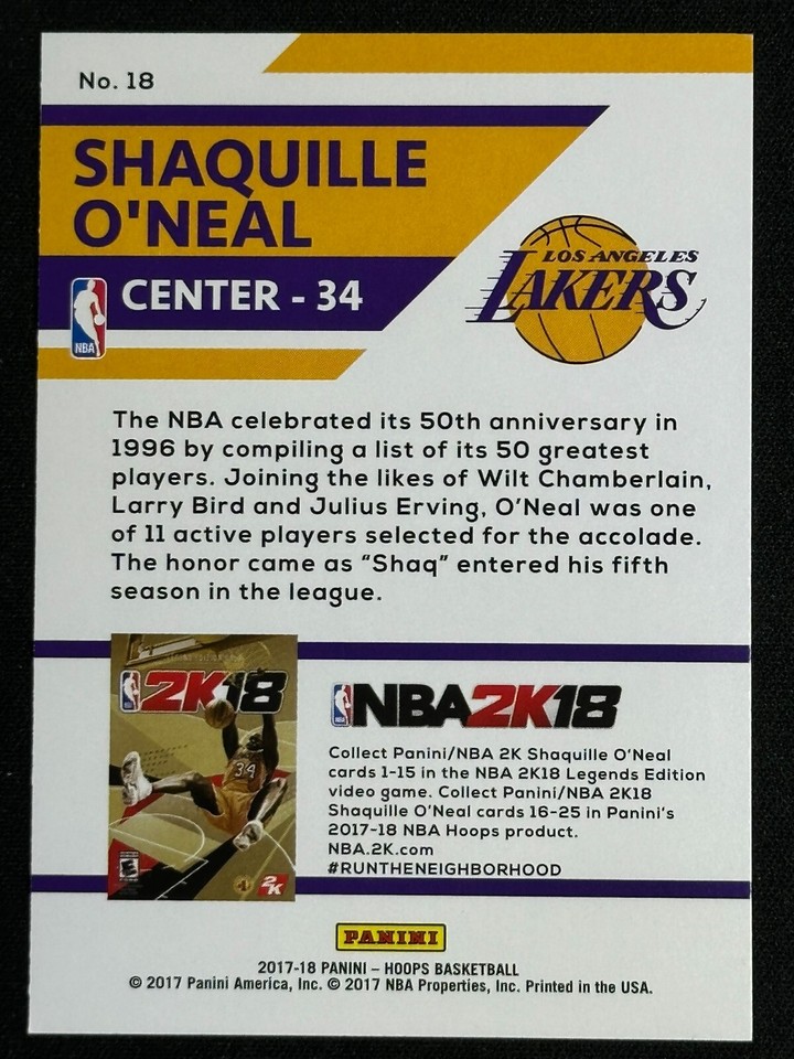 2017 Panini NBA Hoops NBA2K18 Shaquille O'Neal #18 Heat Lakers HOF | eBay