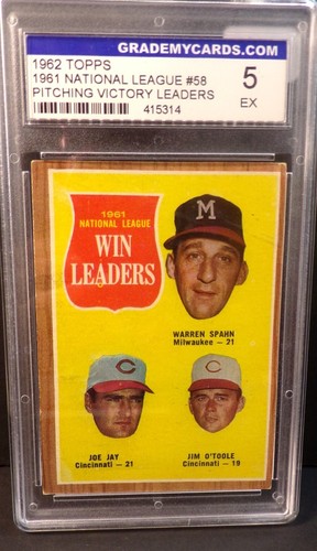 1962 Topps #58 N.L. Pitching Victory Leaders Warren Spahn, Joe Jay, Jim ...