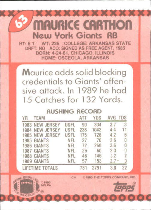 1990 Topps Tiffany New York Giants Football Card #63 Maurice Carthon | eBay