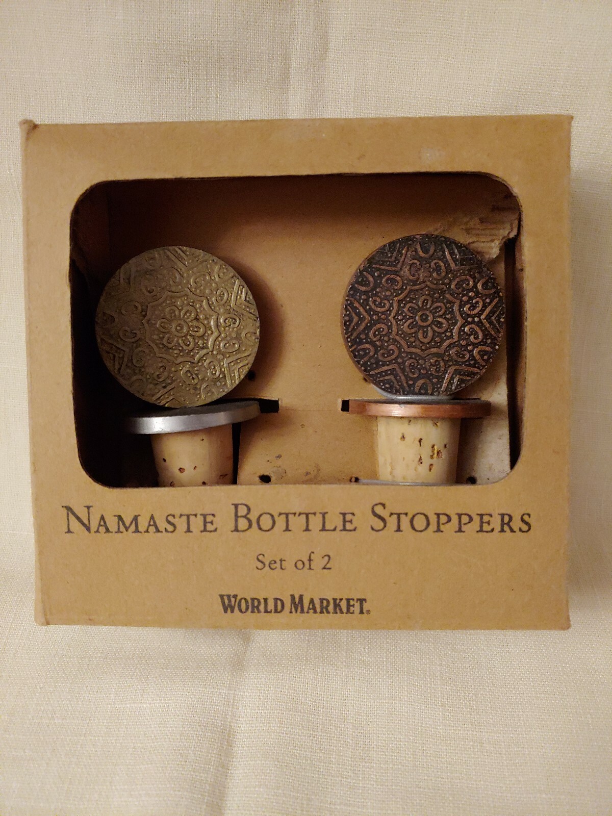Set of Two Namaste Wine Bottle Stoppers in Box Stored Item World Market ...