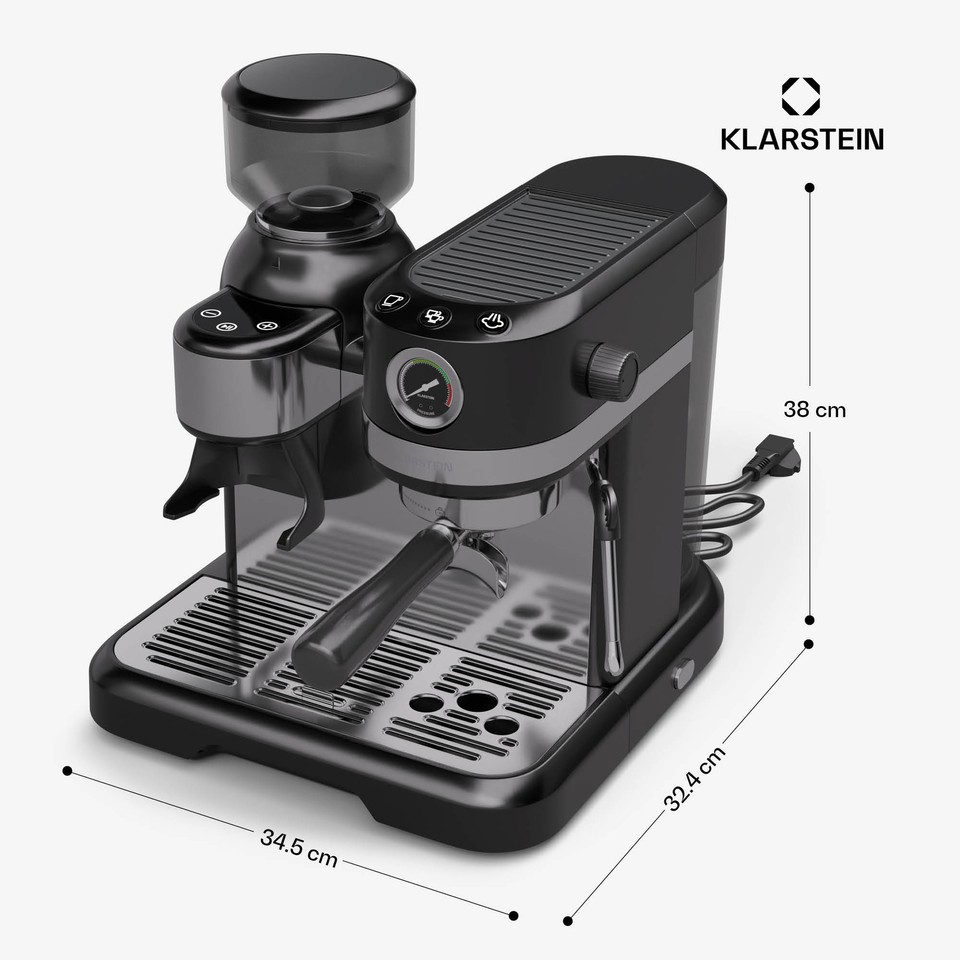 Klarstein Bella Café Coffee Machine with Grinder 19 bar Milk Foam 1150 ...