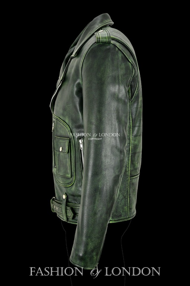Men's Real Leather Riding Jacket Green Vintage Thick Cowhide Brando ...